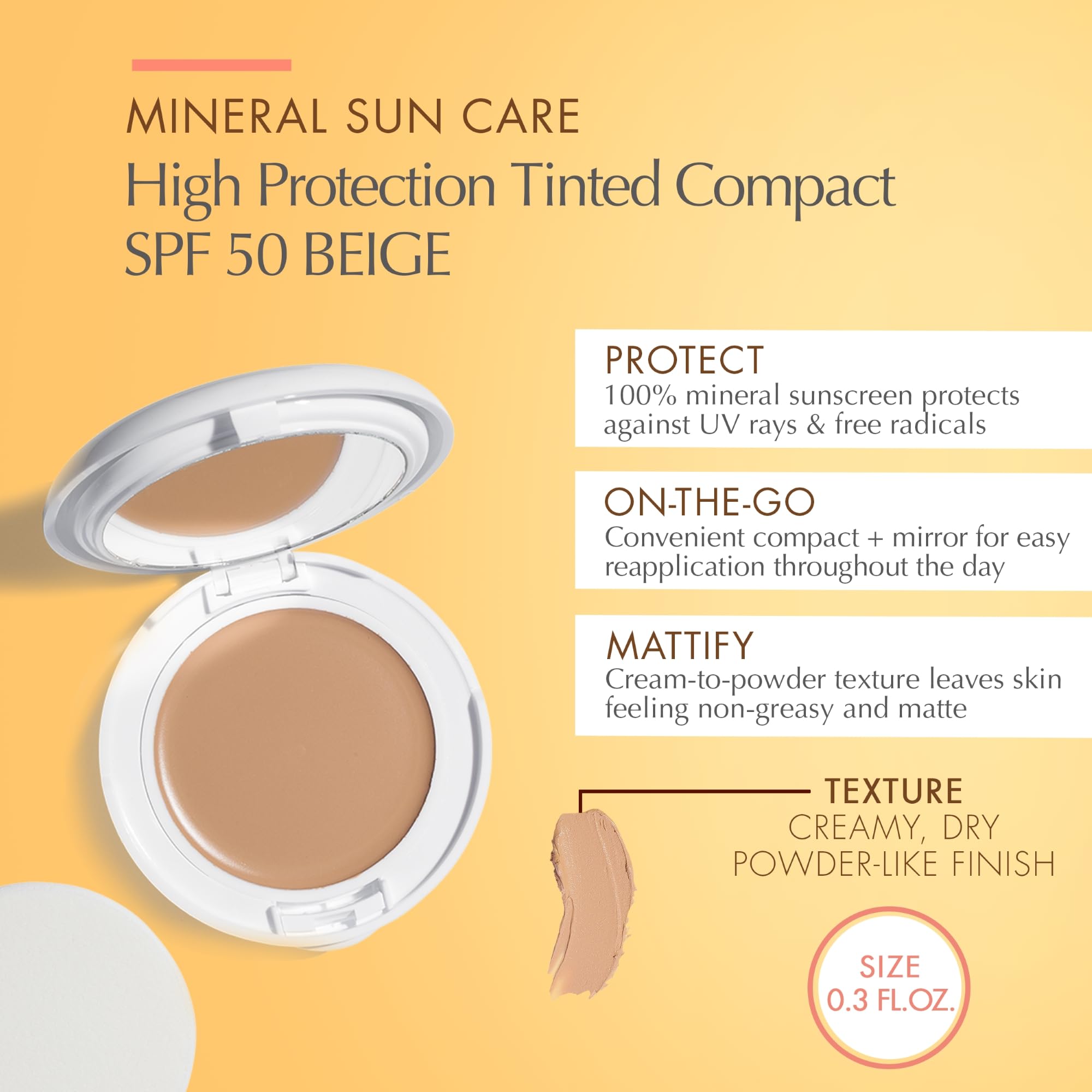 Avene High Protection Beige Tinted Compact, Broad Spectrum SPF 50+, UVA/UVB Blue Light Protection, Water Resistant, Non-Greasy, 0.35 Oz