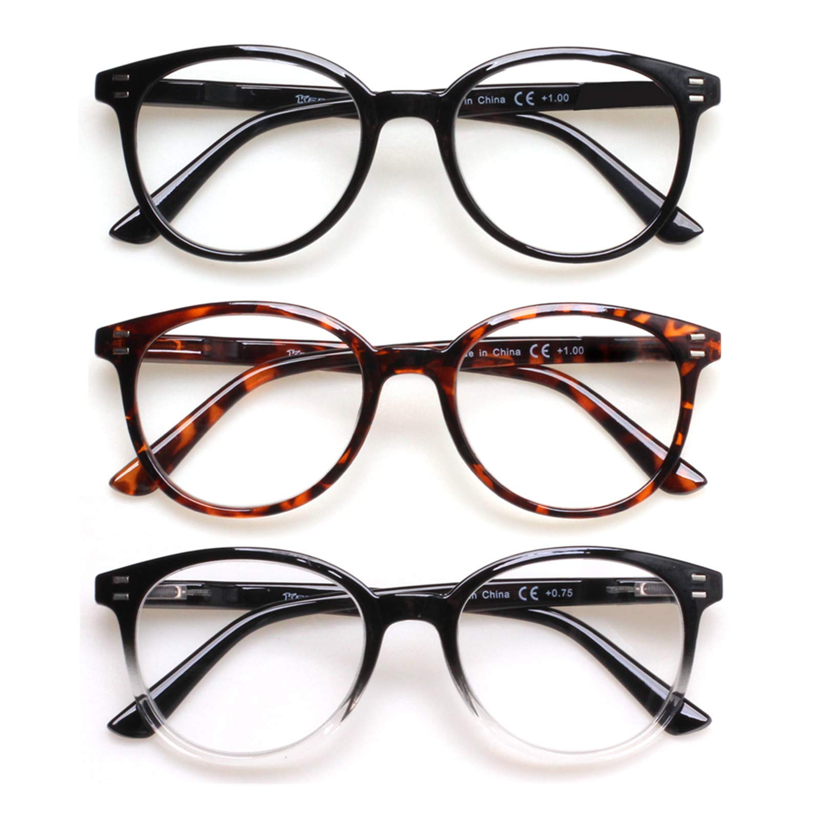 3 Pack Reading Glasses Spring Hinge Stylish Readers Black/Tortoise for Men and Women (3 Mix, 1.75)