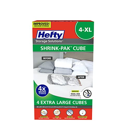 Hefty Shrink-Pak β 4 Extra Large Vacuum Seal Storage Bags β Space Saver Bags for Clothing, Pillows, Towels, or Blankets, 4 x XL Cubes