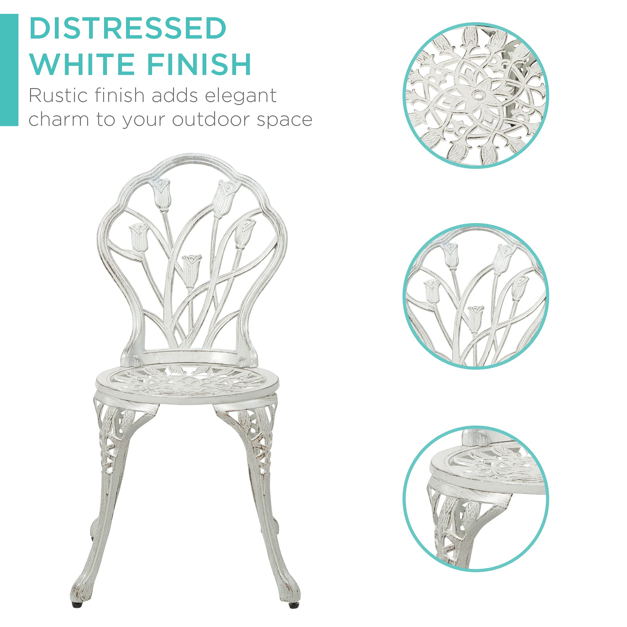 Best Choice Products 3-Piece Outdoor Rust-Resistant Cast Aluminum Patio Bistro Set w/Tulip Design, Antique Finish - White