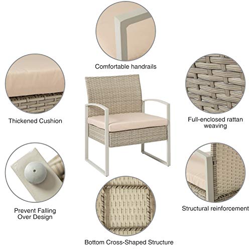 Aoxun 3 Pieces Patio Set Wicker Bistro Table Set, Outdoor Patio Furniture Conversation, Two Rattan Chairs with Glass Coffee Table for Terraces Poolsides and Cafes,Gray Beige