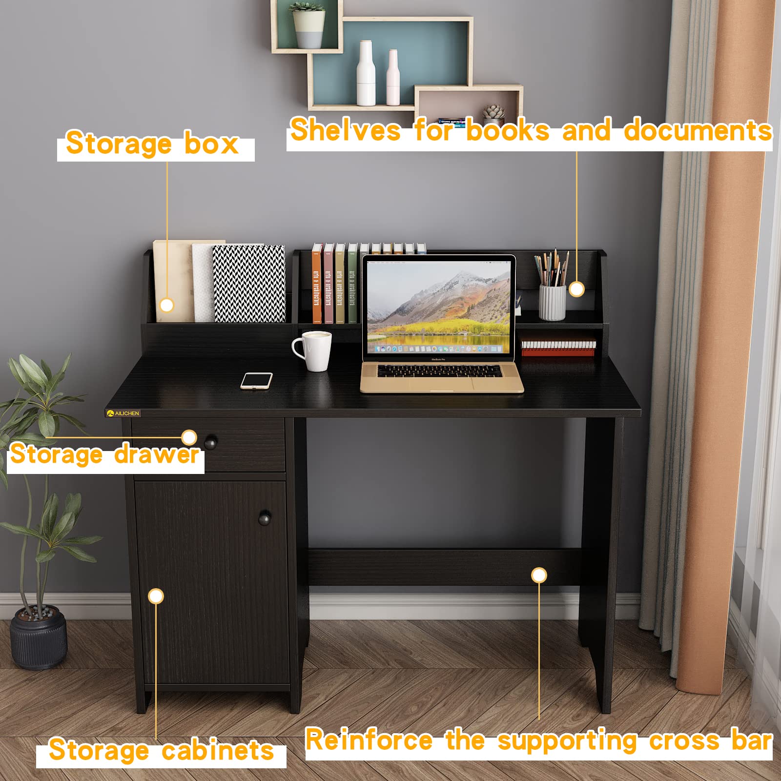 ALISENED Computer Desk with Drawers and Hutch,Small Home Office Desk,Wood Desk Executive Desks with Storage Shelf, Writing Desk with File Drawer for Bedroom Small Space