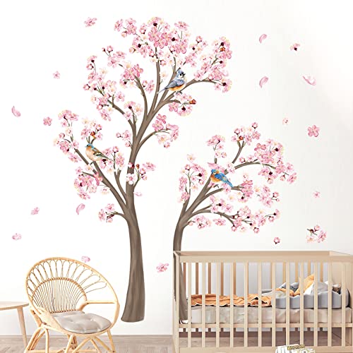 decalmile Large Cherry Blossom Tree Wall Decals Pink Flower Tree Branch Wall Stickers Living Room Bedroom Baby Nursery Wall Decor (Tree H: 67 Inch)