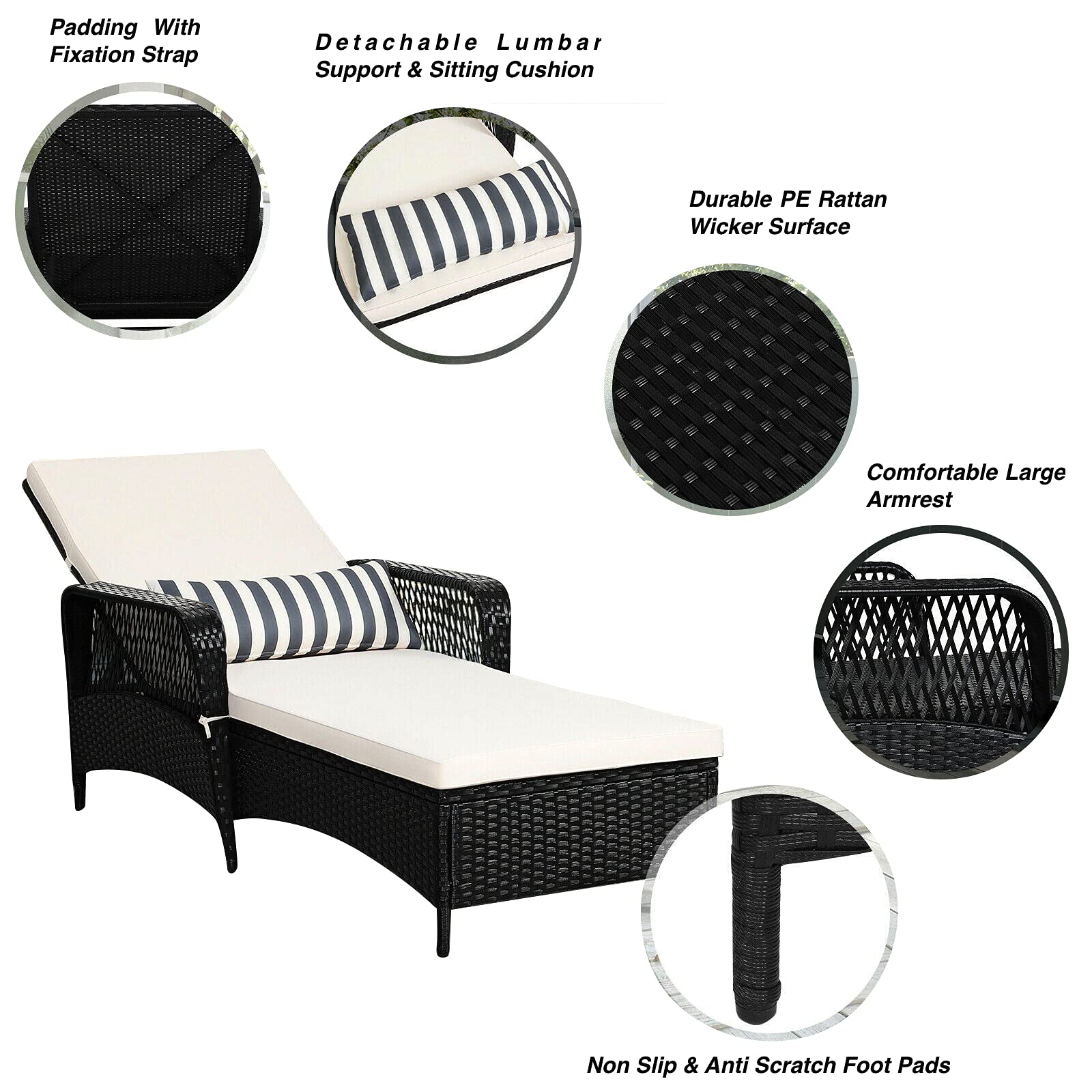 2PCS Black PE Rattan Patio Outdoor Chaise Lounge Chair Lounger Recliner Sunbathing Bed Thick Padded Cushion Lumbar Pillow 6 Adjustable Backrest Position Perfect for Poolside Deck Beach Balcony Use