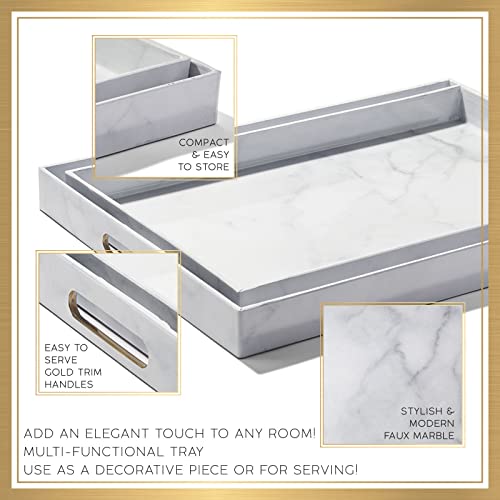 American Atelier Set of 2 Marble Finish Rectangular Serving Tray with Gold Trim Handles- Indoor & Outdoor Platter for Home Entertaining, Cocktails, Snacks, Barware, Perfume (Large 19x14, Small 18x12)