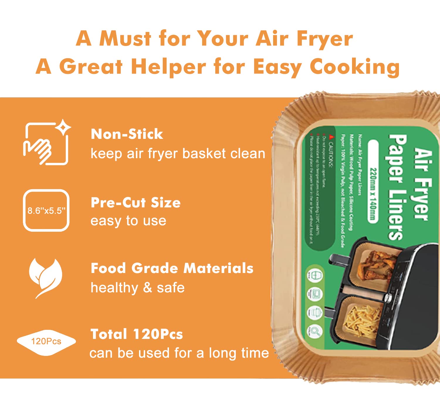 Air Fryer Parchment Paper Liners for Ninja, 120PCS Air Fryer Liners Disposable Baking Paper Liner Accessories for Ninja Foodi Dual Dz201, Dz401 with 2 Baskets 8.6"X5.5"