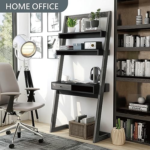 HOMES: Inside + Out Rexroad Wood Ladder Writing Desk with 1 Drawer and 3 Shelves-Versatile Kids Table, Wall-Mountable Leaning Design, Black and Distressed Gray