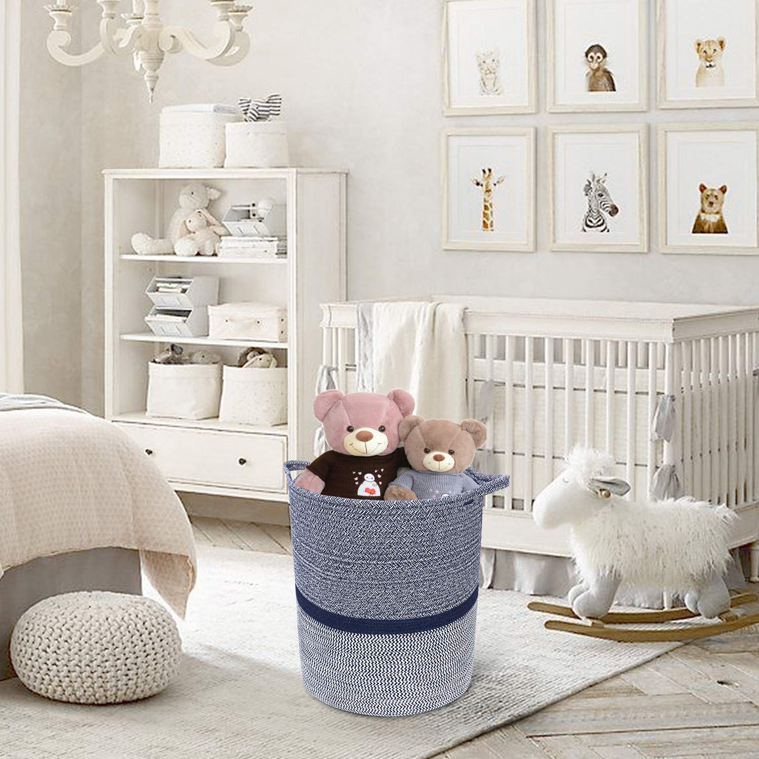 INDRESSME Large Cotton Rope Storage Basket Baby Laundry Basket Woven Baskets Blanket Basket with Handle for Diaper Toy Off White Home Decor 14.2'' x 13.4'' x 16.2'', Navy