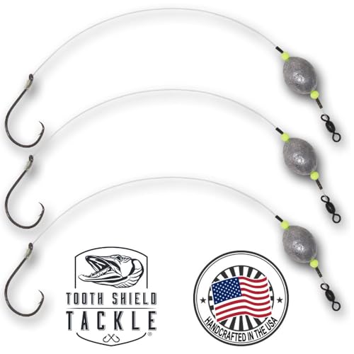 3 Pack Tooth Shield Tackle Carolina Drum Rig Redfish Rig Catfish [80lb Fluorocarbon - 4/0 Circle Hook] 3 oz Weight Offshore Saltwater Big Game Grouper Snapper Leaders Rigs Bottom Fishing [Chartreuse]
