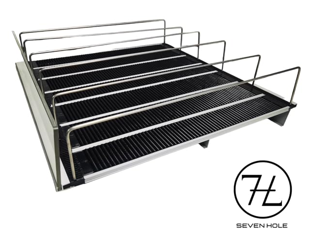 7hole Self Pushing Drink Organizer for Fridge - Can Pusher for Refrigerator - Adjustable Fridge Drink Dispenser for Soda, Beer, Water Bottle, Juice Box - 6 Slots, Easy-to-Assemble Dividers - 15.4x15"