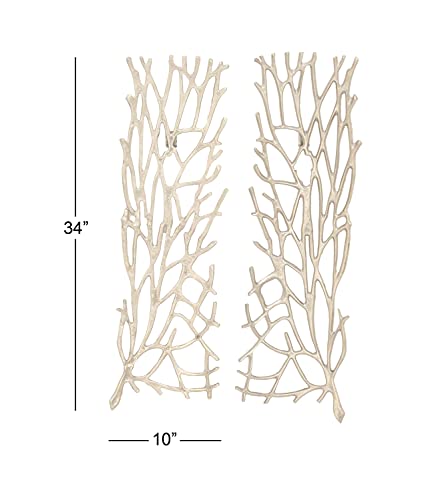 Deco 79 Aluminum Coral Inspired Wall Decor, Set of 2 10"W, 34"H, Silver