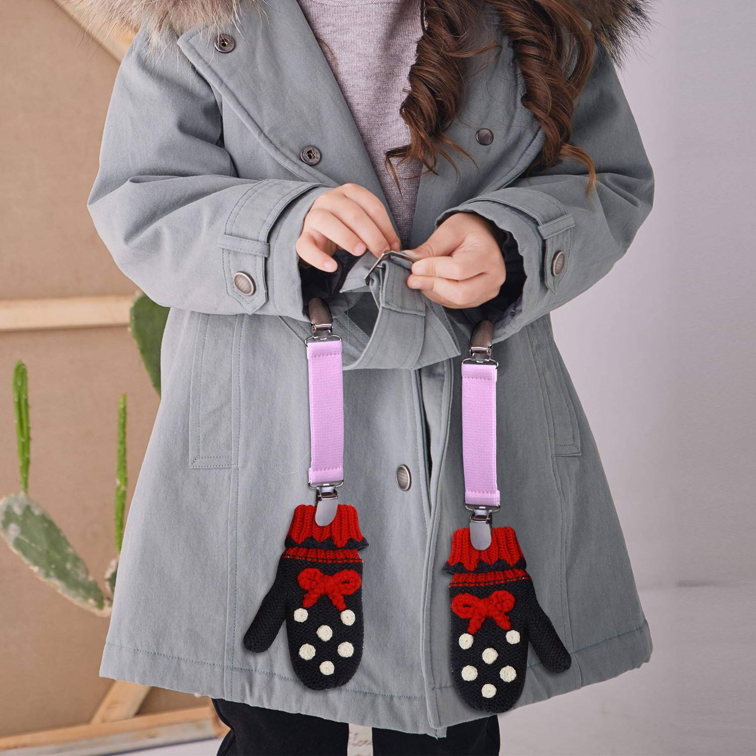 Wisdompro Mitten Clips, 4 Pieces Glove Clips with Elastic Strap for Toddlers, Kids, Adults - Gray and Pink
