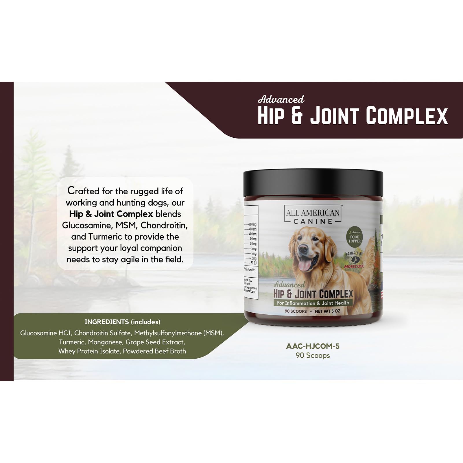 All American Canine Advanced Hip & Joint Complex Mobility Support Powdered Supplement Food Topper for Working, Hunting & Sports Dogs, 90 Servings