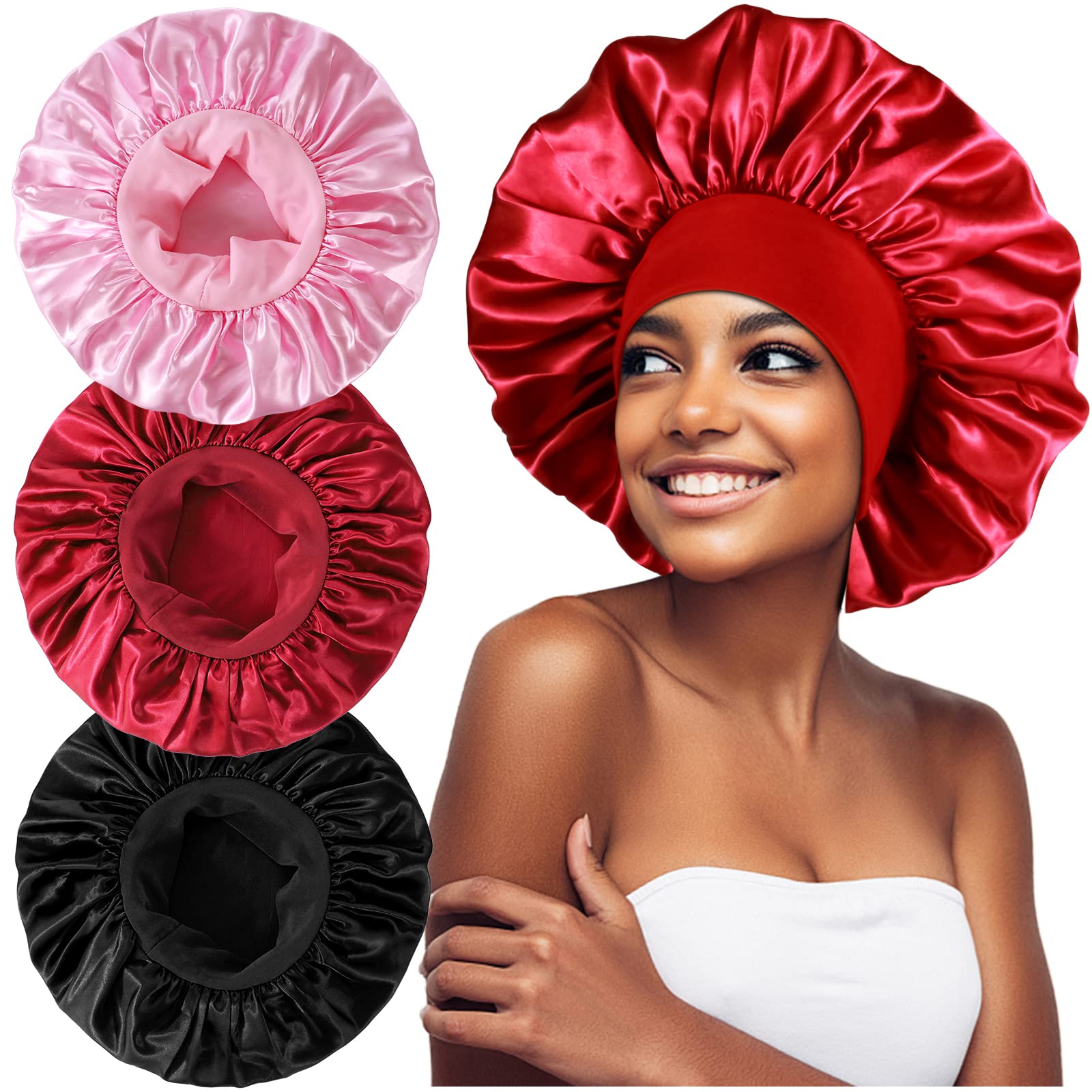 3PCS Extra Large Satin Bonnets for Black Women, Hair Bonnets for Sleeping Braids Curly Hair, A