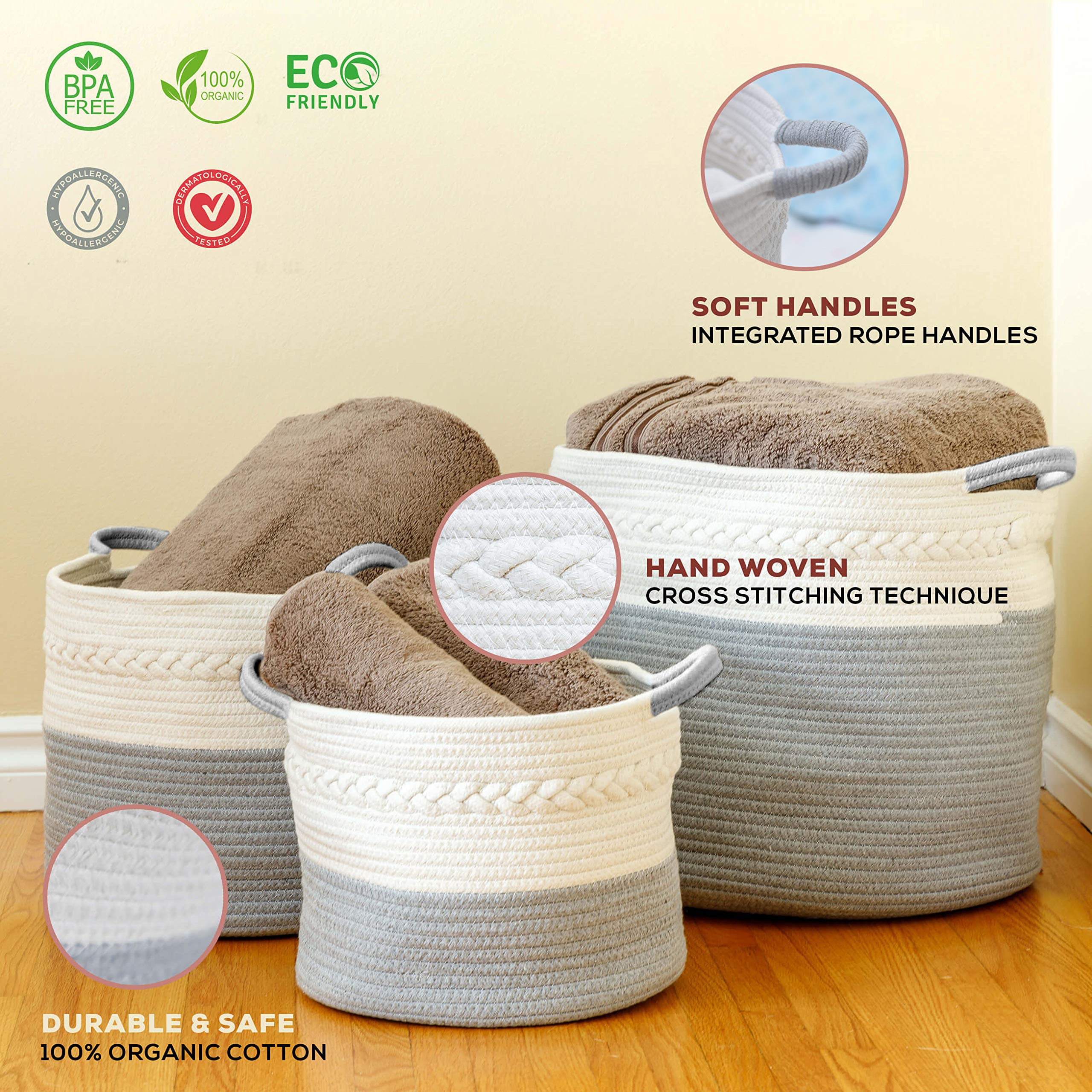 3 Pack Woven Rope Basket Set - Small Medium & Large Organic Woven White & Gray Cotton Rope Baskets, Durable Materials with Soft Rope Handles. Great for Laundry, Toys, Towels, Bedding & Nurseries