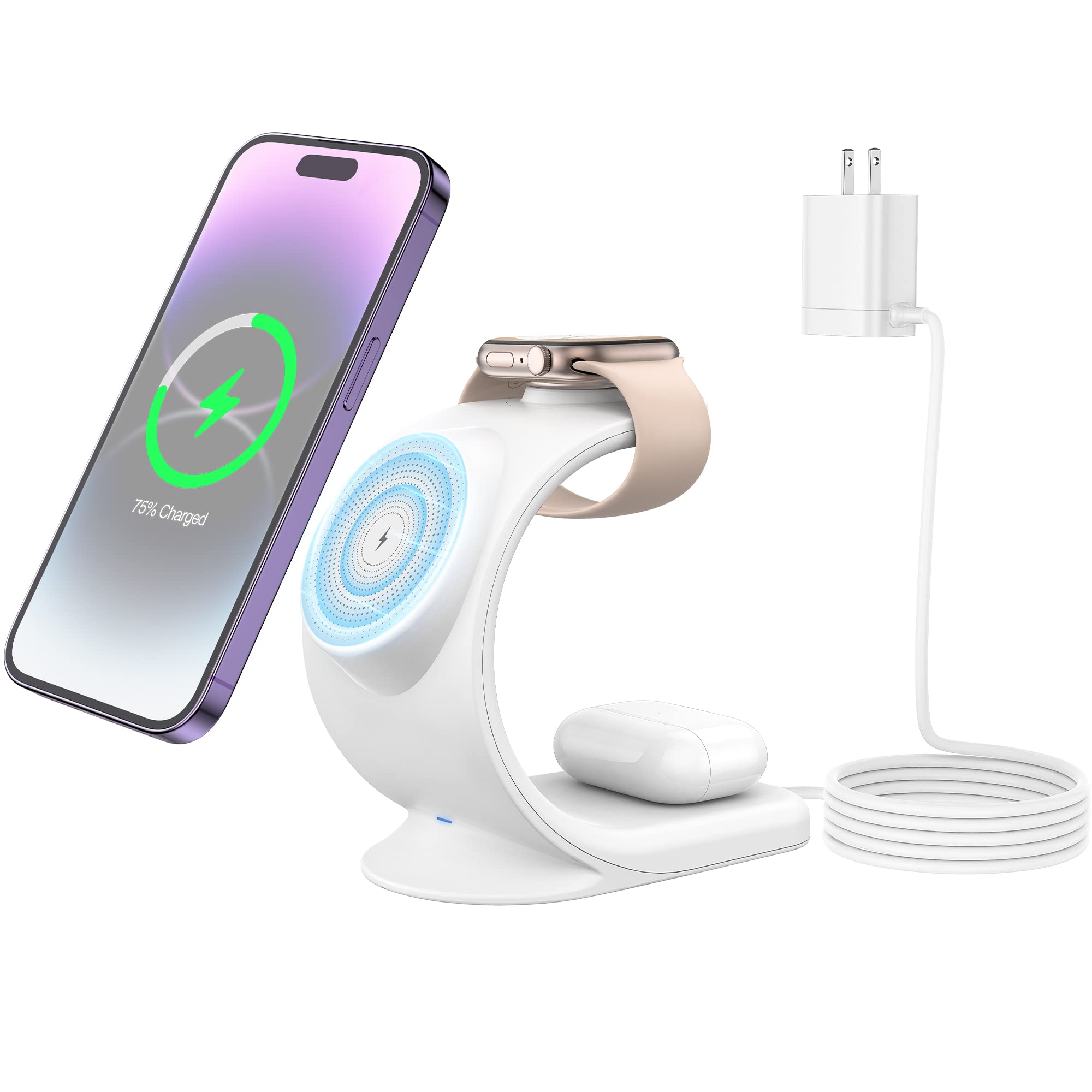 3 in 1 Wireless Apple Charging Station Magnetic Fast Charger Stand Dock Multiple Devices for iPhone 14/Pro/Max/Plus/13/12,Watch Series 8/7/6/SE/5/4,AirPods 3/2/Pro(Adapter Included)