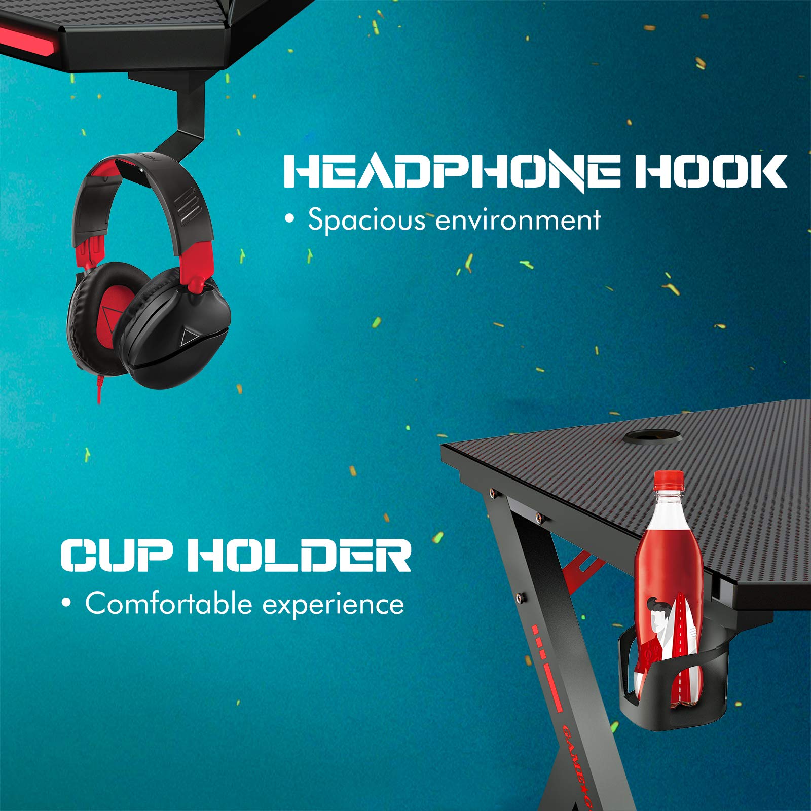 47 Inch Gaming Desk, Gaming Table PC Computer Workstation with LED RGB Lights, Headphone Hook and Cup Holder for Home, Black