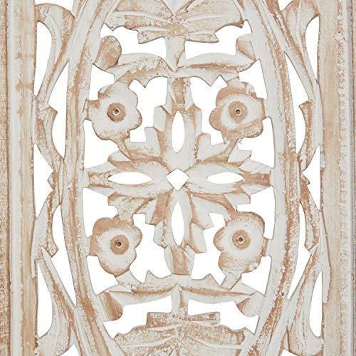 Deco 79 Mango Wood Floral Handmade Intricately Carved Arabesque Wall Decor, 12" x 1" x 36", Cream White