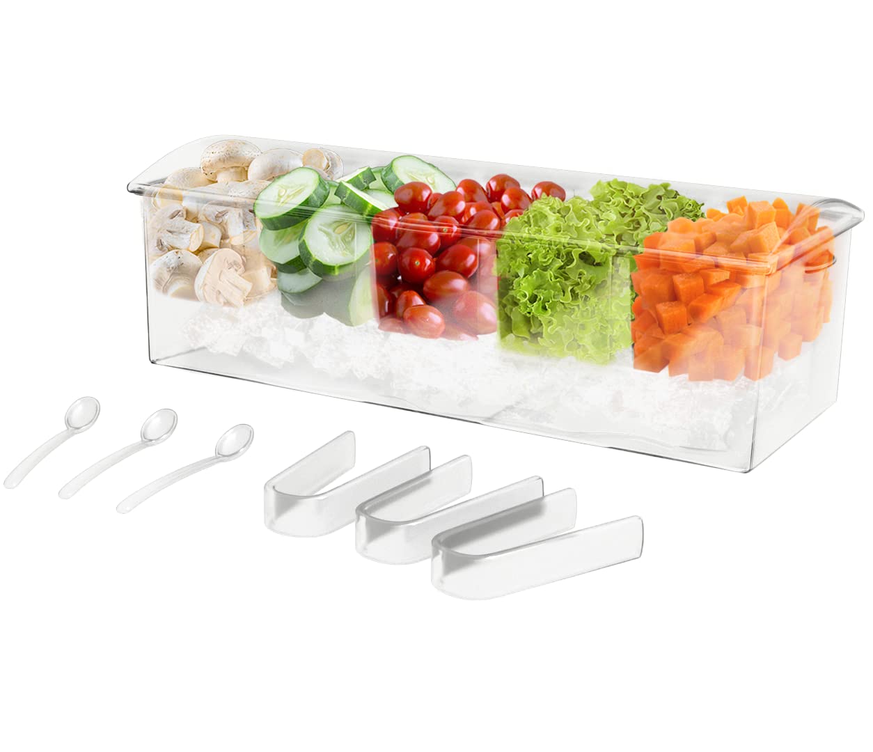 7Penn Condiment Tray with Ice Chamber, 5 Condiment Containers, Lid, 3 Tongs, 3 Spoons - Chilled Condiment Server Caddy