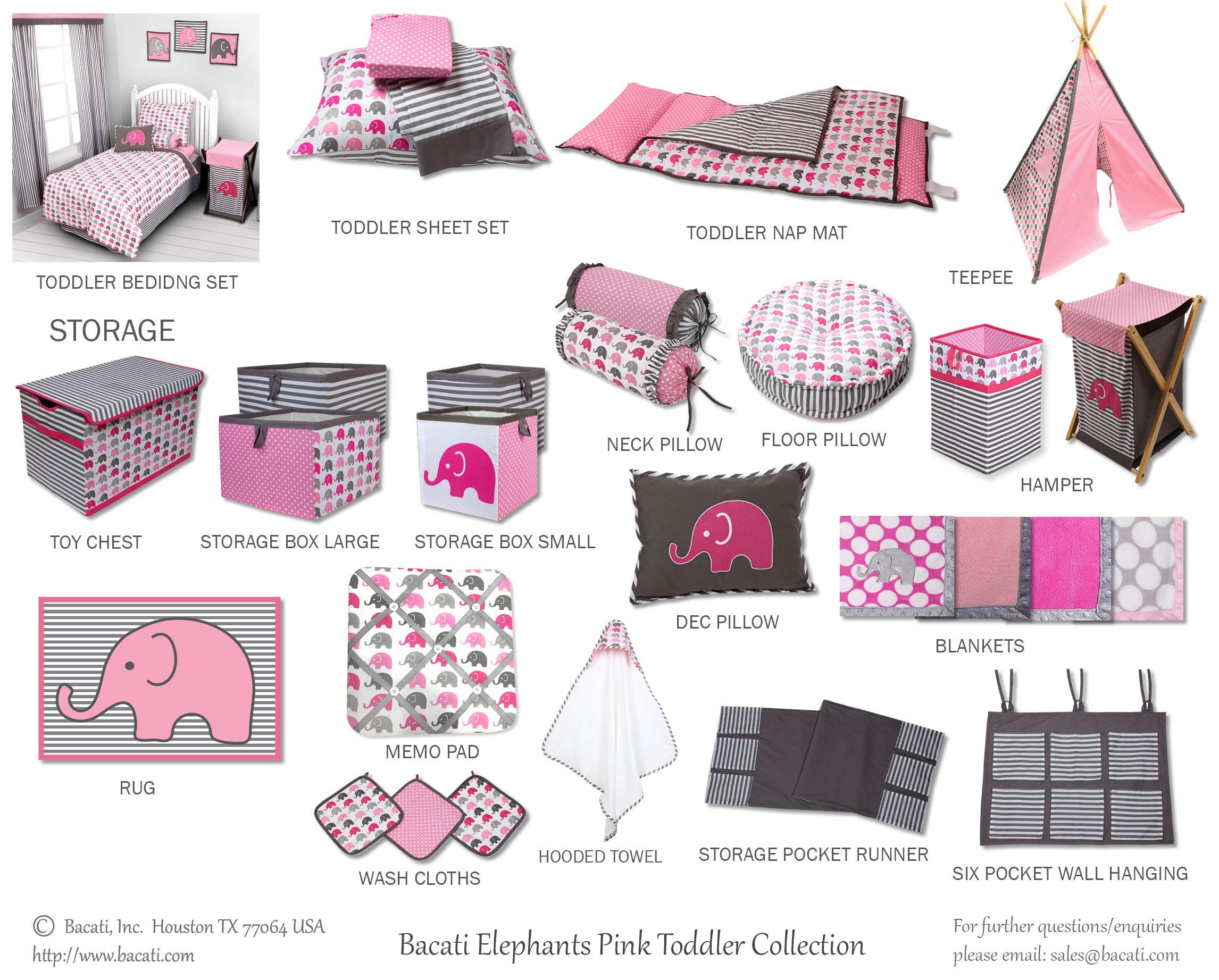 Bacati - Elephant Pink, Fuchsia, Grey 100% Cotton Girls Universal Baby Crib or Toddler Bed Fitted Sheet