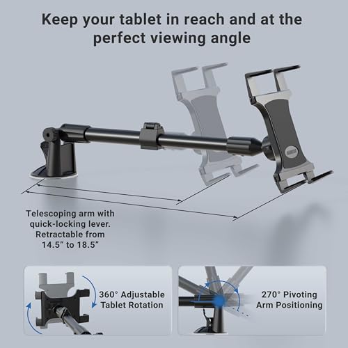 ARKON Mounts - Versatile Tablet Holder for Car | Premium Car Tablet Holder Design | Extendable Arm | Windshield Suction | Tablet Car Mount | Securely Fits Most Tablets 7 to 18.4 inches in Screen Size