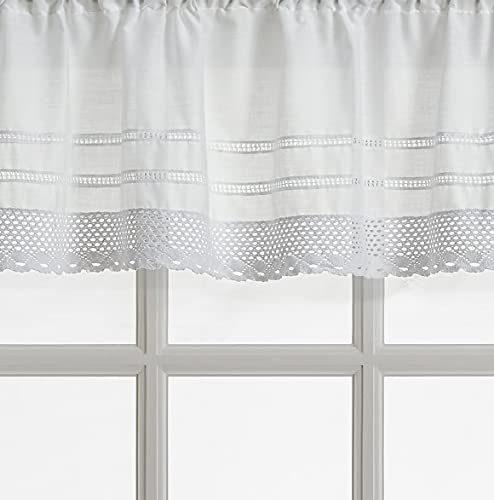 CHF & You White Crochet Cafe Kitchen Curtain Window Valance, Rod Pocket, 58W x 14L inch, 1 Valance