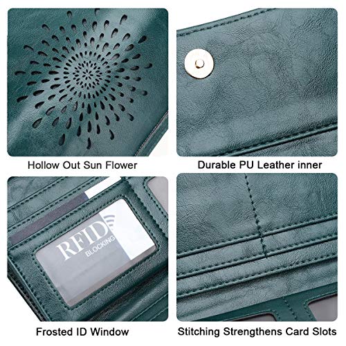 APHISON Womens Wallets RFID Blocking PU Leather Clutch Long Wallet for Women Card Holder Phone Organizer Ladies Travel Purse Hollow Out Sunflower Design Gift Box 2214DARK-GREEN