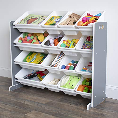 Humble Crew Kids Toy Organizer with 16 Storage Bins, Grey/White