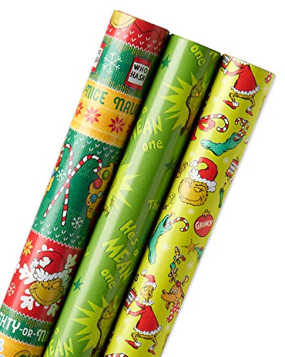 American Greetings 105 sq. ft. Christmas Wrapping Paper Bundle with Cut Lines, The Grinch (3 Rolls in. x ft.)