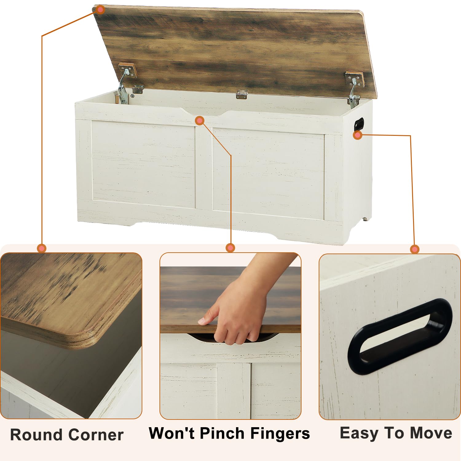 Timberer 39.4" Storage Chest, Wooden Storage Bench, Large Storage Trunk with 2 Safety Hinges, Entryway Shoes Bench for Living Room, Bedroom, Antique White