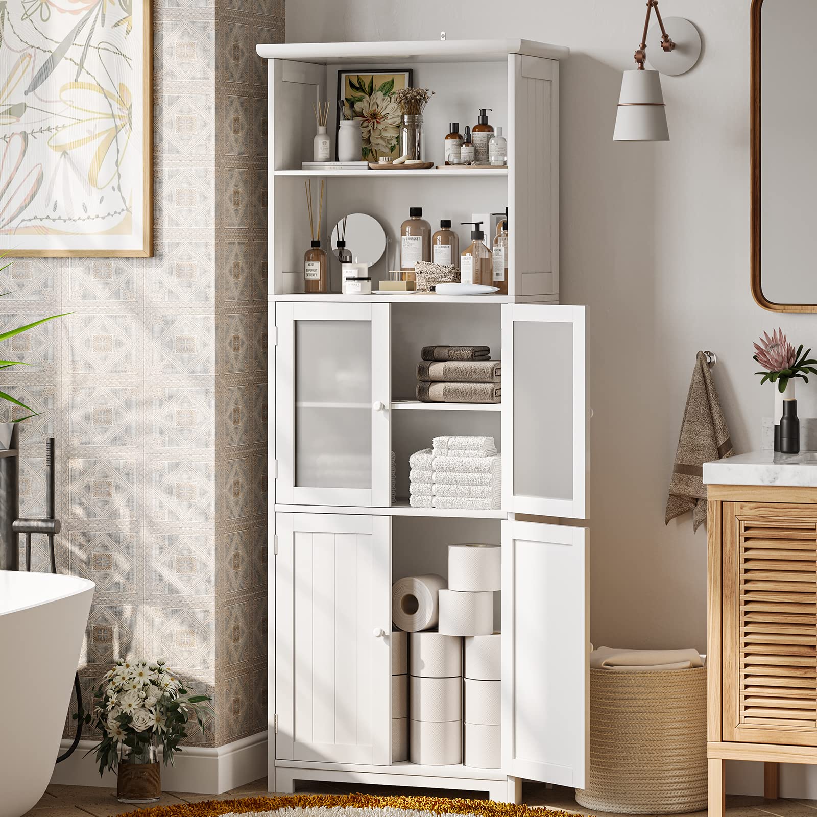 Tiptiper Bathroom Storage Cabinet, Tall Bathroom Cabinet with Adjustable Shelves and Glass Doors, for Bathroom, Kitchen, 11.2" D x 23.6" W x 64" H, White