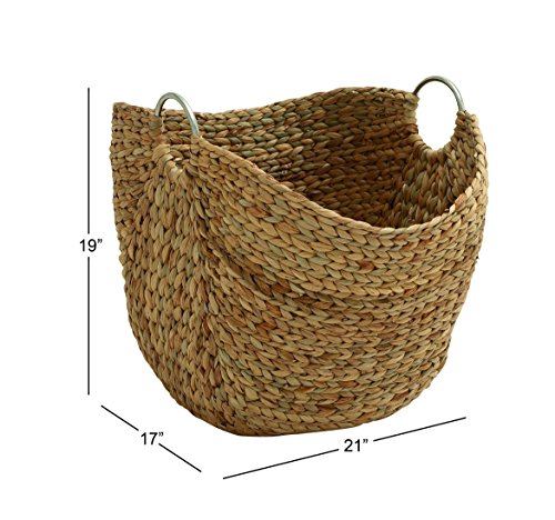 Deco 79 Seagrass Handmade Large Woven Storage Basket with Ring Metal Handles, 21" x 17" x 19", Brown