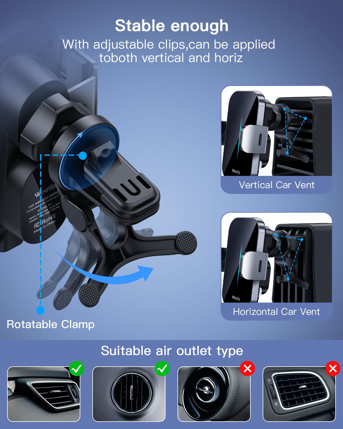 ๐ฎ๐ฌ๐ฎ๐ฏ ๐ก๐ฒ๐ Weetla Wireless Car Charger,Charging Auto-Alignment, Air Vent 360ยฐ Adjustable Auto-Clamping Car Phone Holder Mount Wireless Charging for iPhone 15/14/13/12/11/Pro Max (Gray)