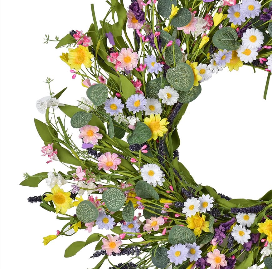 24Inch Artificial Daisy Flower Wreath -Spring Floral Wreath Fake Flower Wreath Spring/Summer Wreath for Front Door Home Decor