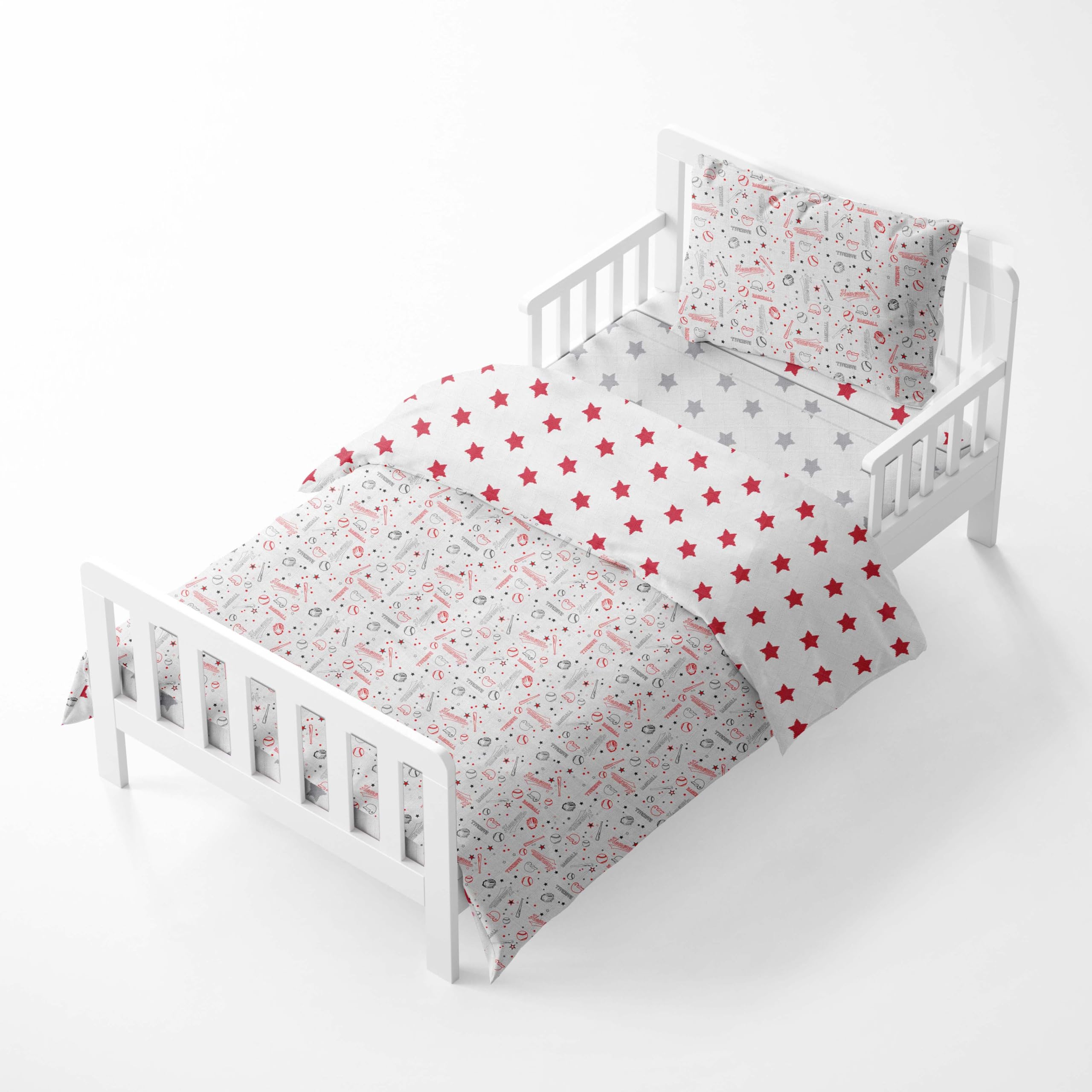 Bacati - Muslin Sports 4 Piece Boys Toddler Bedding Set 100 Percent Cotton Includes Reversible Comforter, Fitted Sheet, Top Sheet, and Pillow Case (4 pc Toddler Bedding Set, Baseball Red/Grey)