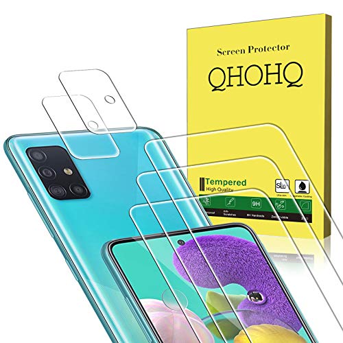 QHOHQ 3 Pack Screen Protector for Samsung Galaxy A51 4G & 5G & 5G UW with 2 Packs Camera Lens Protector, Tempered Glass Film, 9H Hardness, HD, 2.5D Edge, Anti-Fingerprint, Anti-Scratch