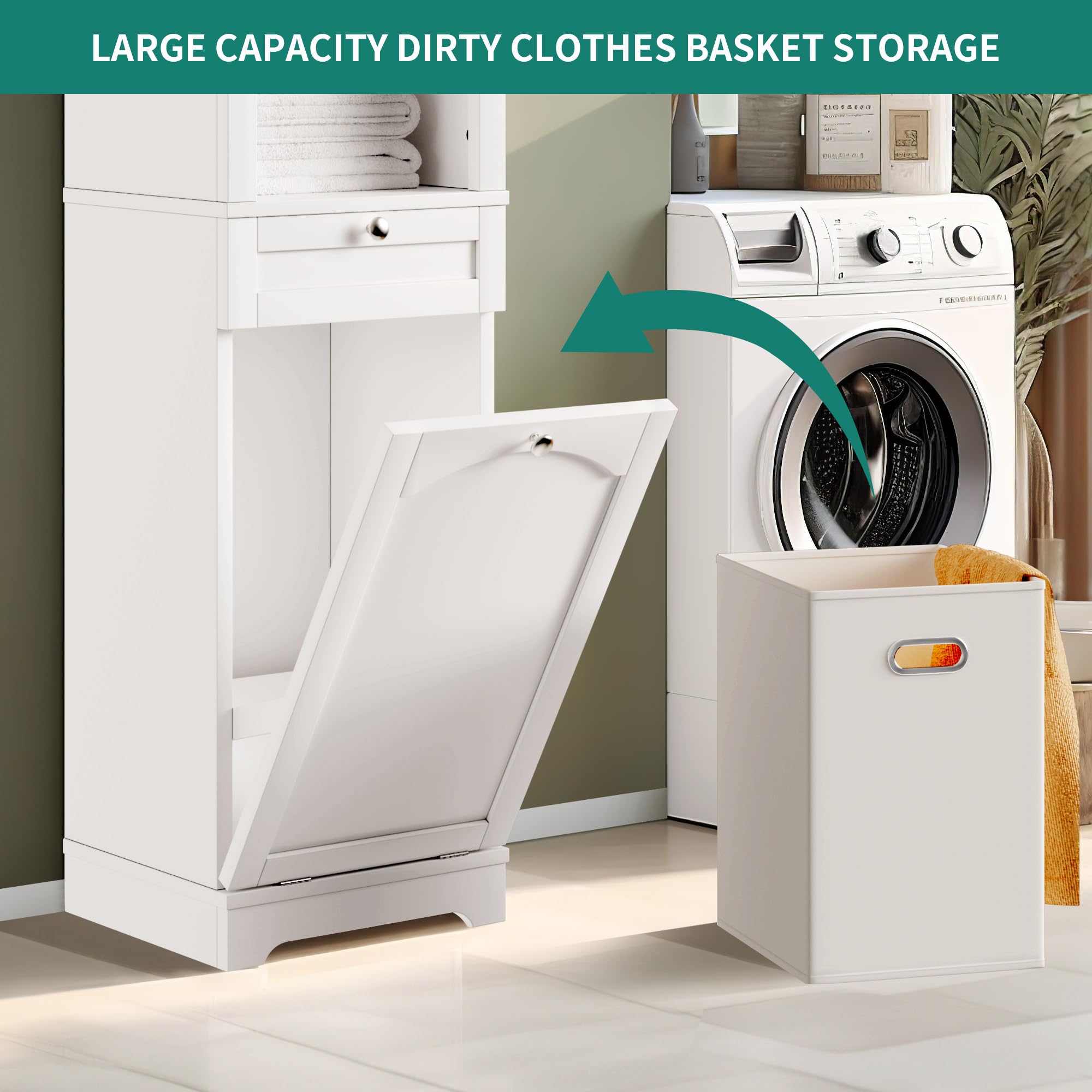 YITAHOME 53" Tall Tilt Out Laundry Hamper Cabinet Hidden Laundry Hamper with Storage Laundry Basket Cabinet with Drawer Bathroom Storage Cabinet Shelf with a Clothes Basket, White