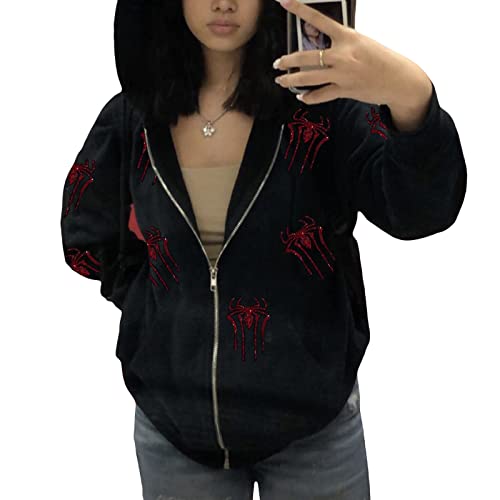 aporake Women's Y2K Hoodie Sweatshirt Zip Up Oversized Casual Long Sleeve Coat 90s E-Girl Vintage Zip Up Jacket Tracksuit(Black-Red Spider,Small)
