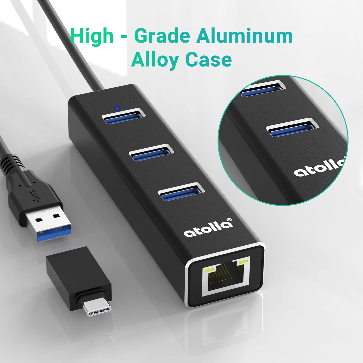 USB 3.0 Hub Ethernet with USB C Adapter, 3 Port USB 3.0 Splitter Gigabit Ethernet Hub + USB C HUB Network RJ45 1000Mbps USB Extender