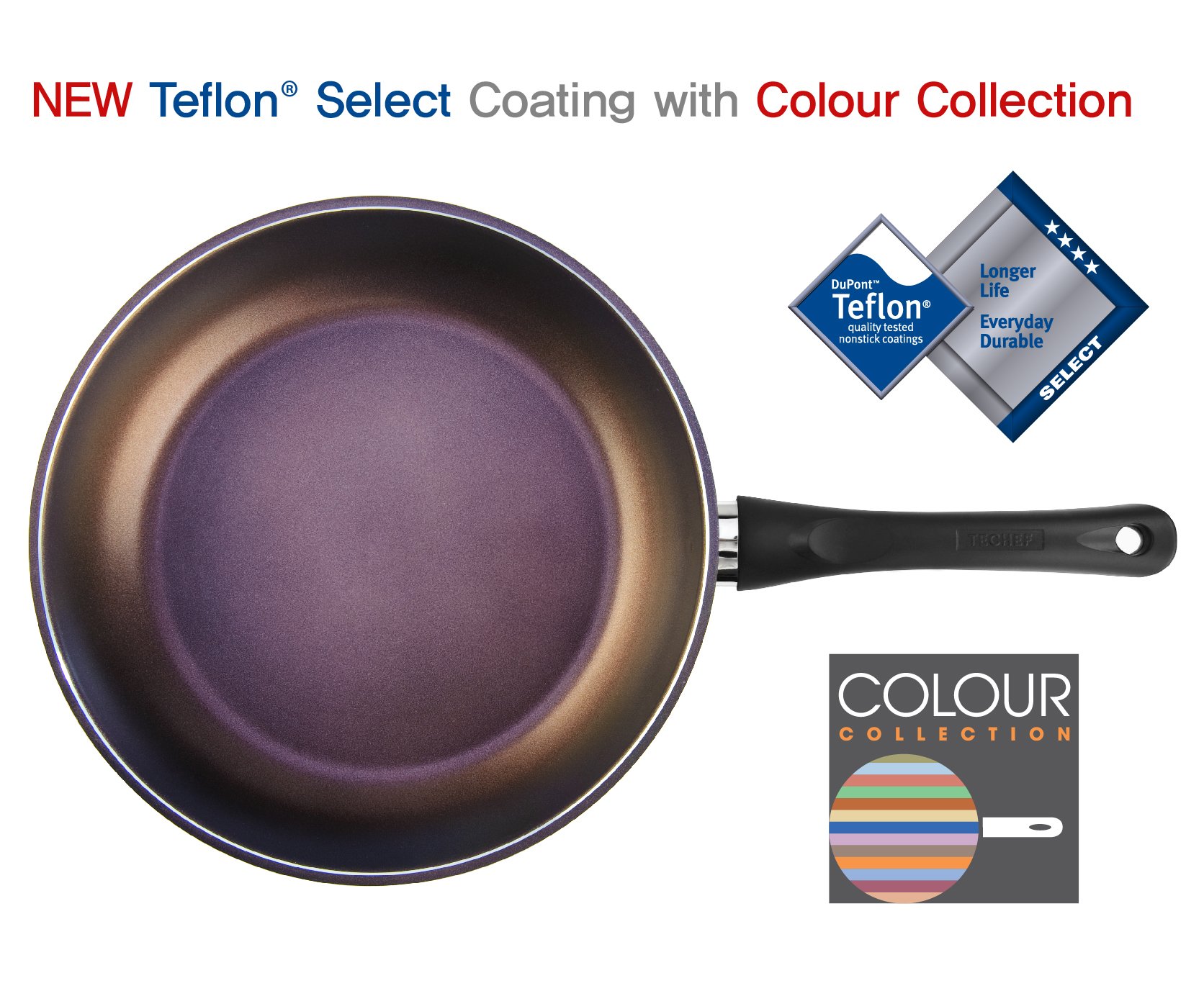 TeChef - Color Pan 12" Frying Pan with Glass Lid, Coated with DuPont Teflon® Select - Colour Collection/Non-Stick Coating (PFOA Free) / (Aubergine Purple)
