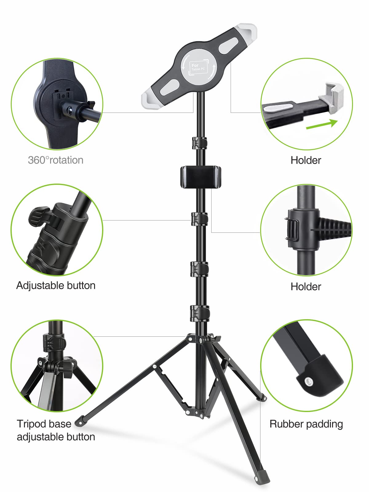 elitehood iPad Tripod Stand, Aluminum Alloy iPad Stand, 360 Rotation Adjustable Height iPad Stand Holder for Floor, Universal Compatible with iPad Mini, iPad Air, iPad and All 7.9-11 Inch Tablet