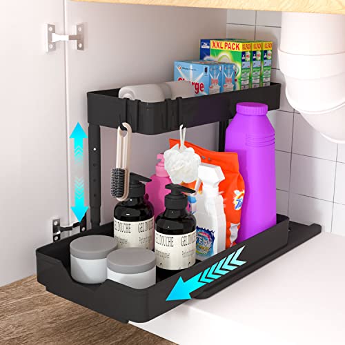 Adjustable Height Under Sink Organizers and Storage, 2 Tier Slide Out Shelf Under Cabinet Kitchen Storage with 4 Hooks, Pull Out Under Sink Organizer for Kitchen Bathroom Counter Office Pantry