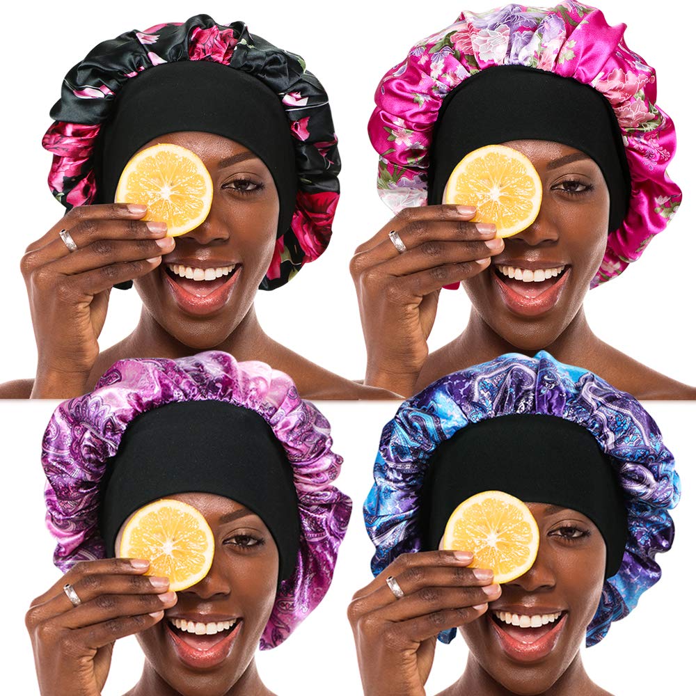 4 Pieces Wide Elastic Band Satin Sleep Bonnet Soft Night Sleeping Cap for Women Haircare