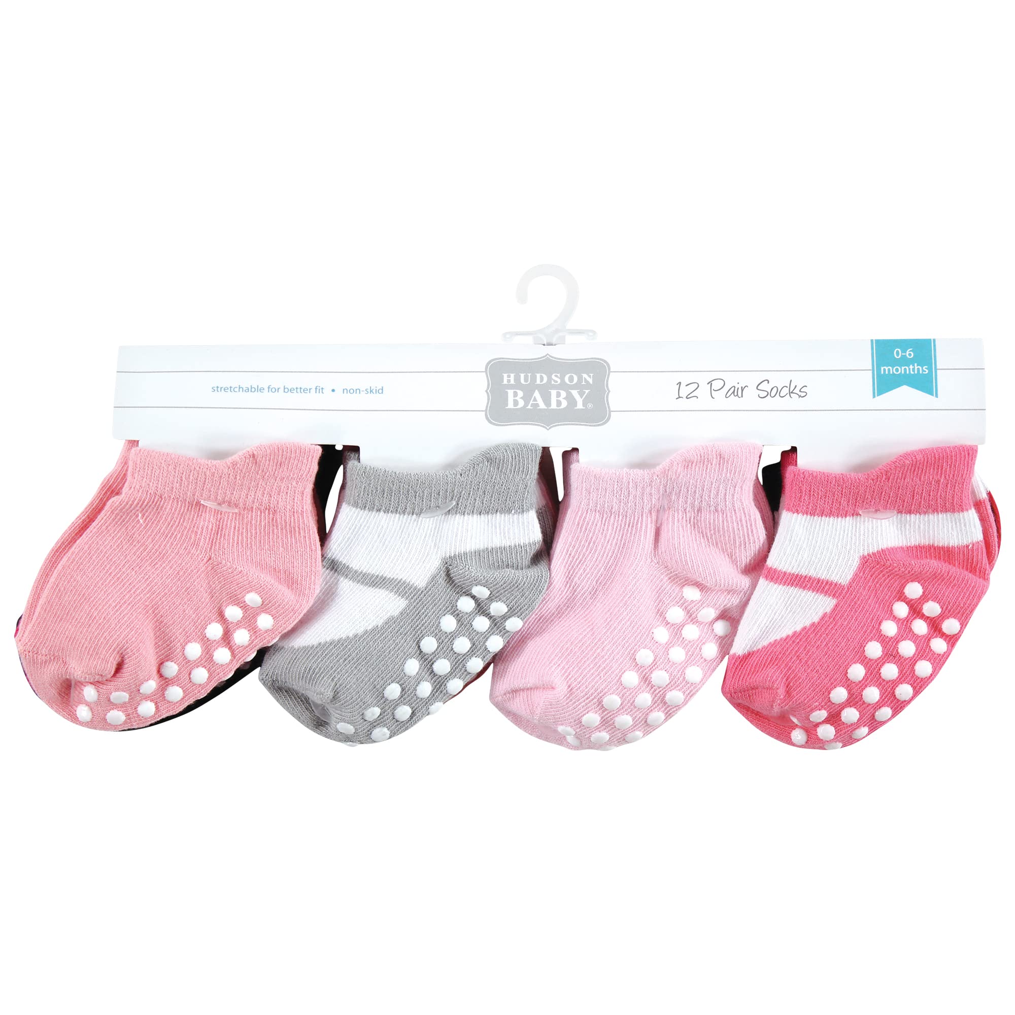 Hudson Baby Unisex Baby Non-Skid No-Show Socks, Pink Black, 6-12 Months