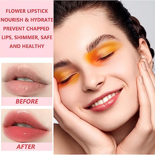 2PCS Crystal Flower Jelly Lipstick, Magic PH Temperature Color Changing Lip Gloss, Long Lasting Nutritious Moisturizing Lip Balm, Clear Color Changing Lipstick with Flower Inside