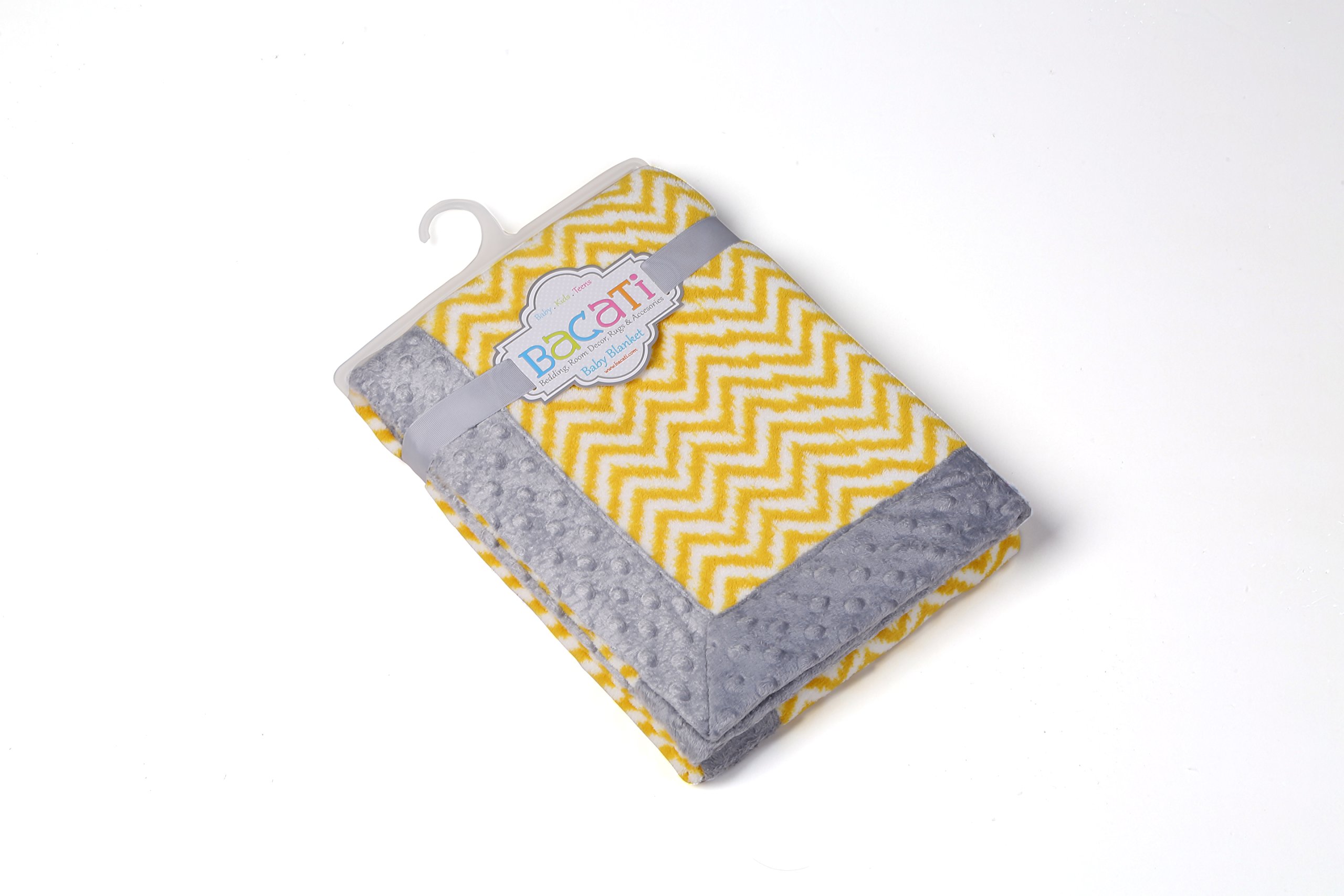 Bacati Ikat Zigzag Chevron with Border Plush Blanket, Yellow/Grey, 30" x 40"