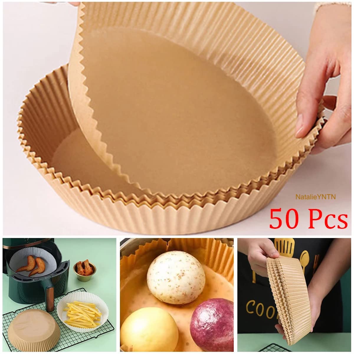 Airfryer parchment paper l Nordic unbleached Liners 9 inch [50pcs] Steamer sheets l non-stick basket mat for frying pans, crockpot, oven, baking, Steaming Made in Norway