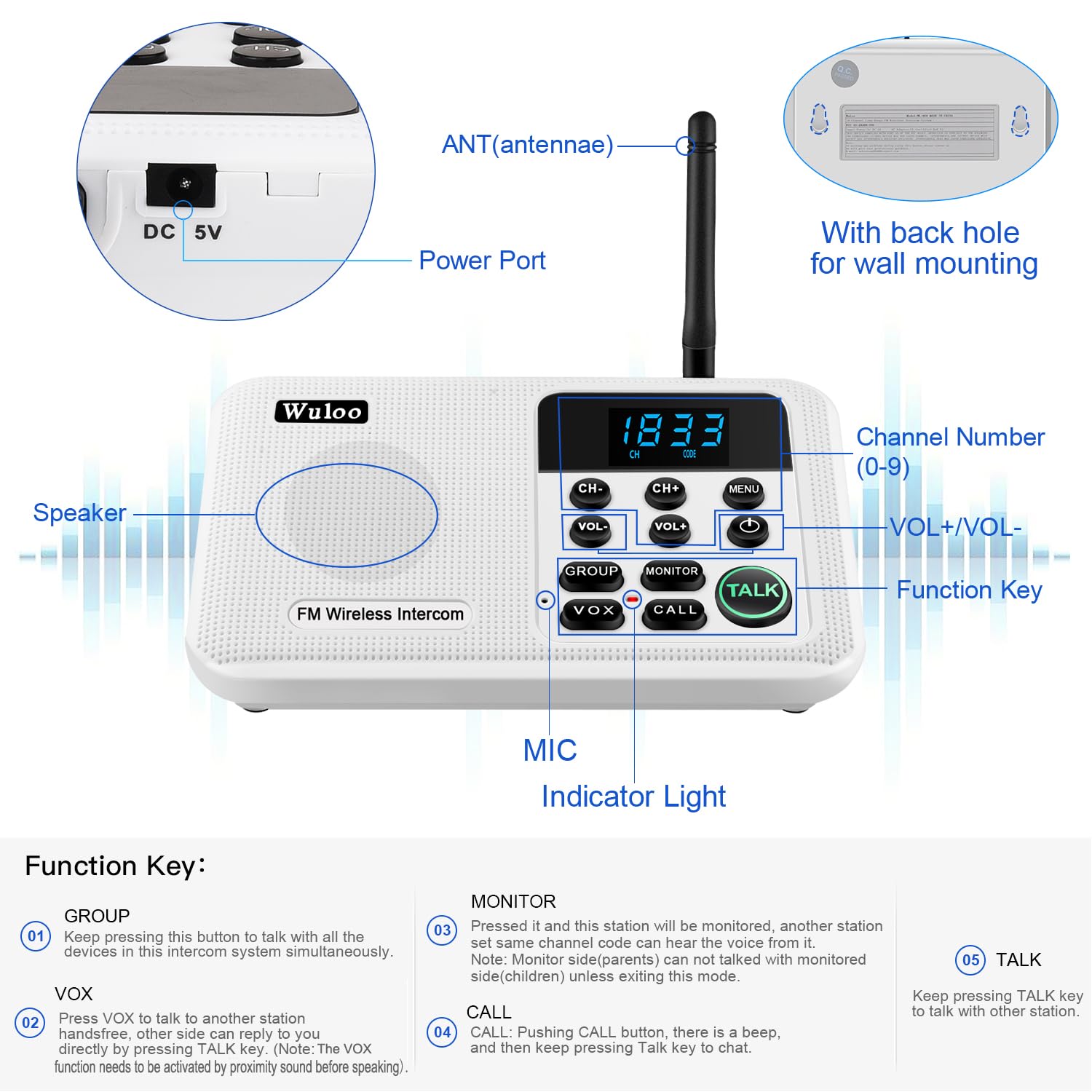 Wuloo Intercoms Wireless for Home 1 Mile Range 22 Channel 100 Digital Code Display Screen, Wireless Intercom System for Home House Business Office, Room to Room Intercom Communication(3Stations White)