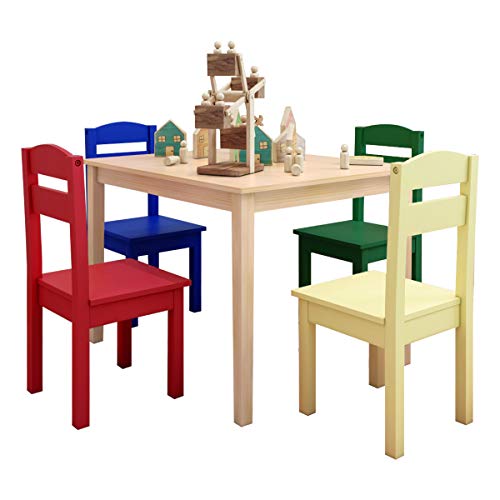 HONEY JOY Kids Wooden Table and Chair Set, 5-Piece Kiddy Sized Activity Table and Chair Set for Crafts Art, Toddler Playroom Furniture Set for Kids Ages 4-8 (Colorful)
