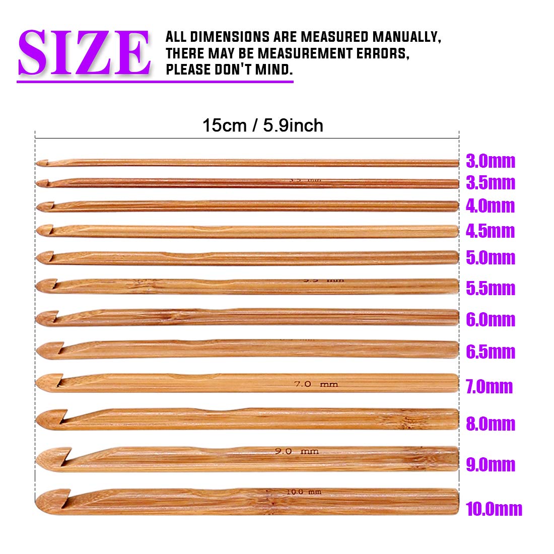 24Pcs Crochet Hooks Kit, Including 3mm-25mm 15Pcs Assorted Sizes Wooden Bamboo Crochet Hooks and 9Pcs Multi-Coloured Aluminum 2mm-10mm Handle Crochet Hooks for Handcrafted Knitting Needles